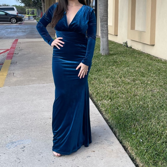 Dresses | Maxi Low Cut Ball Gown Dress In Velvet Navy Blue | Poshmark